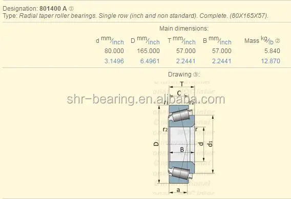 Radial Taper Roller Gear Box Bearing 801400 A 80*165*57mm 801400a - Buy ...