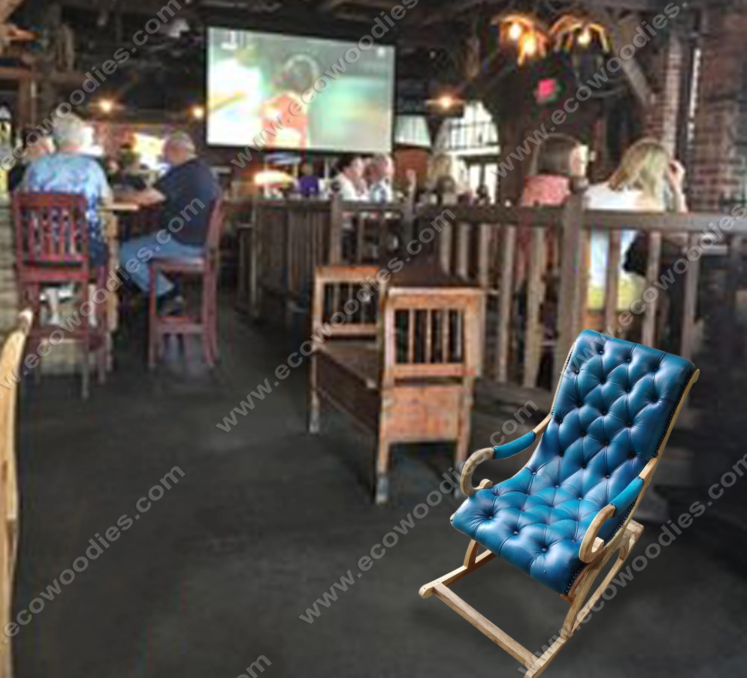 Modern Bamboo Rocking Chair For Elderly With Plush Blue Tufted ...