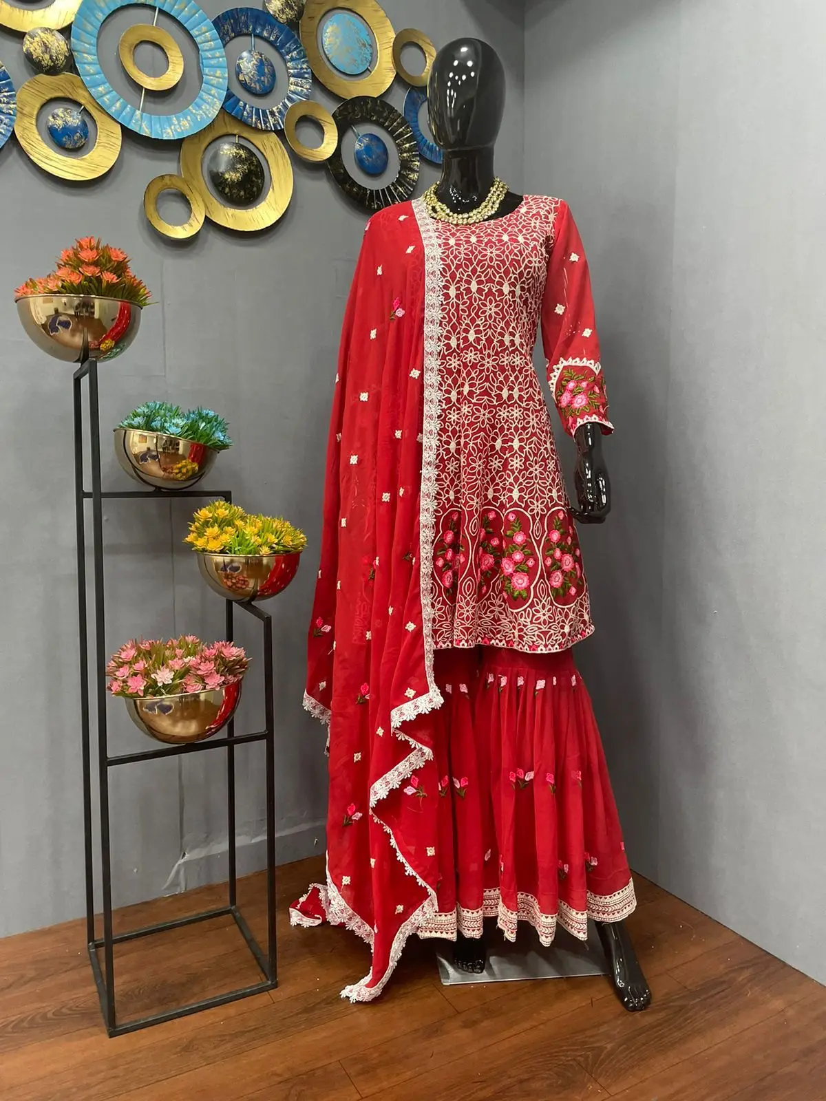 Women Designes Sharara Pant Set With Embroidery Work Kurta Top And ...
