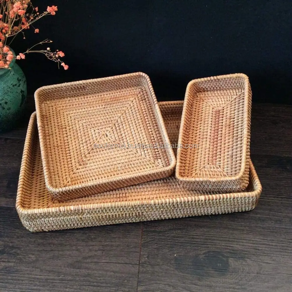 Round Wicker Rattan Tray Home Decor Bathroom Vanity Container Towels ...