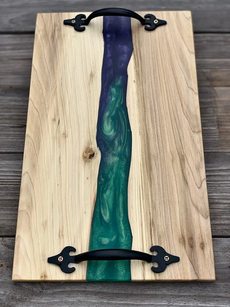 Modern Design Wood & Epoxy Resin Tray With Metal Handle And Kitchen Accessories Customized Size ...
