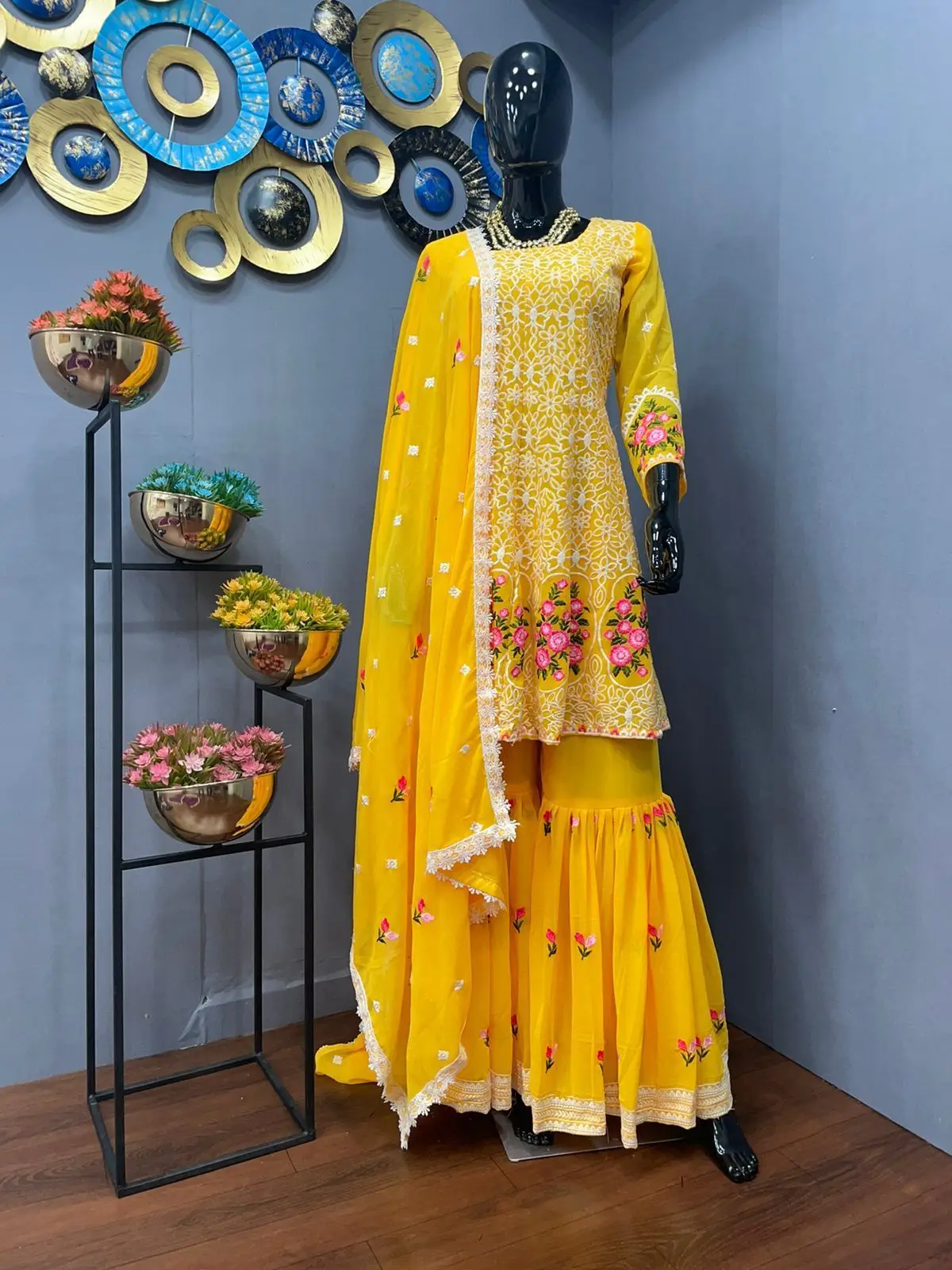 Women Designes Sharara Pant Set With Embroidery Work Kurta Top And ...