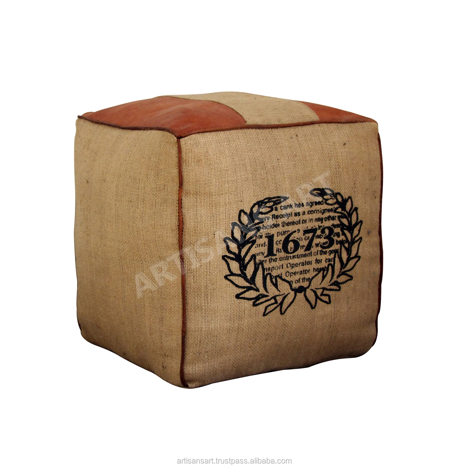 Rustic Vintage Canvas Leather Square Pouf,Natural Canvas-leather Burlap ...