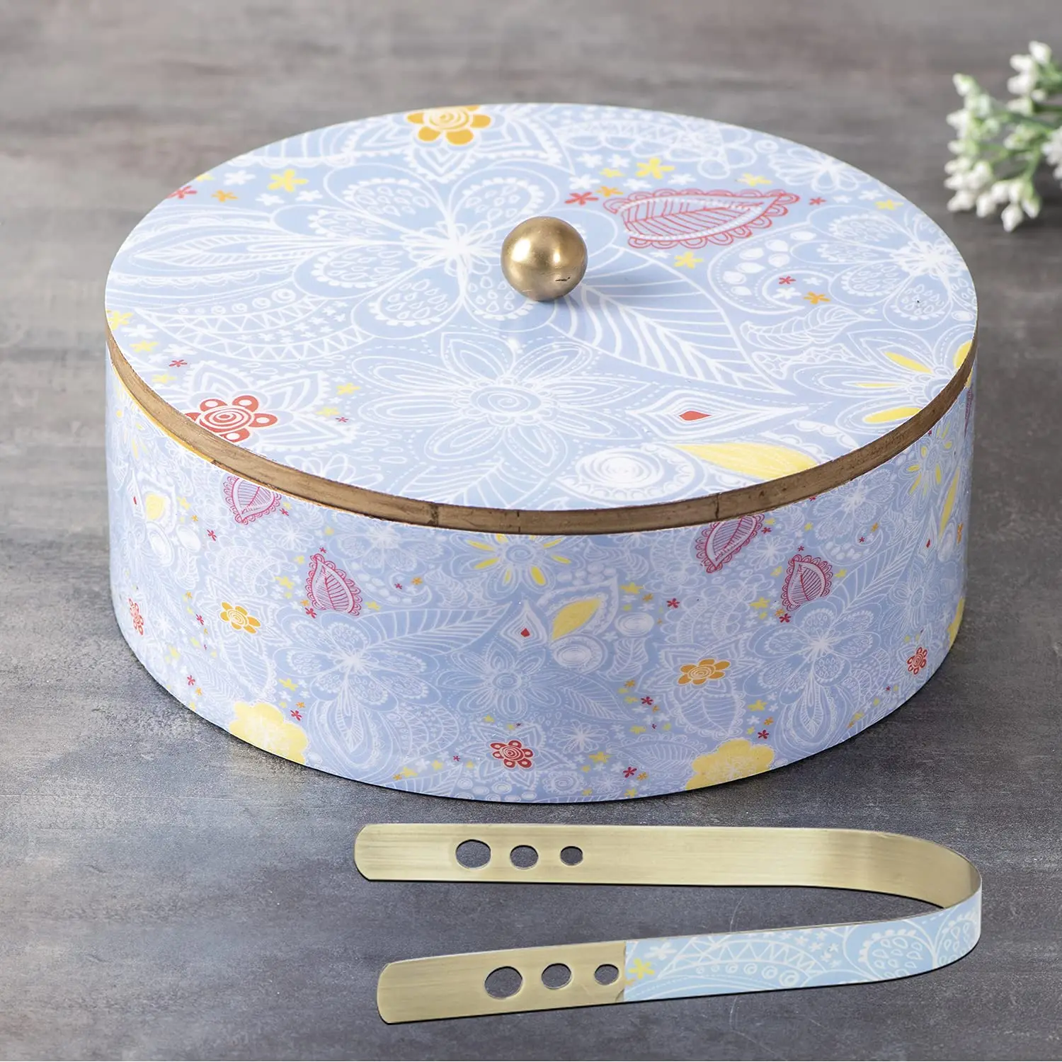 Round Wooden Chapati Box With Tong Traditional Design Handmade ...