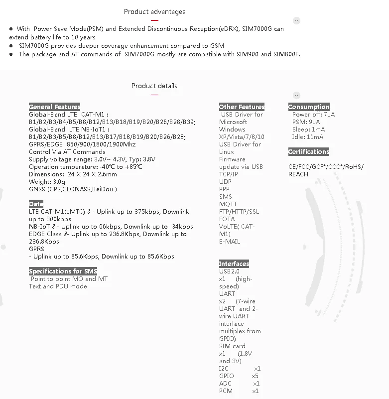 Simcom Sim7000g Sim7000e Mini Pcie Lte Nb Iot Module