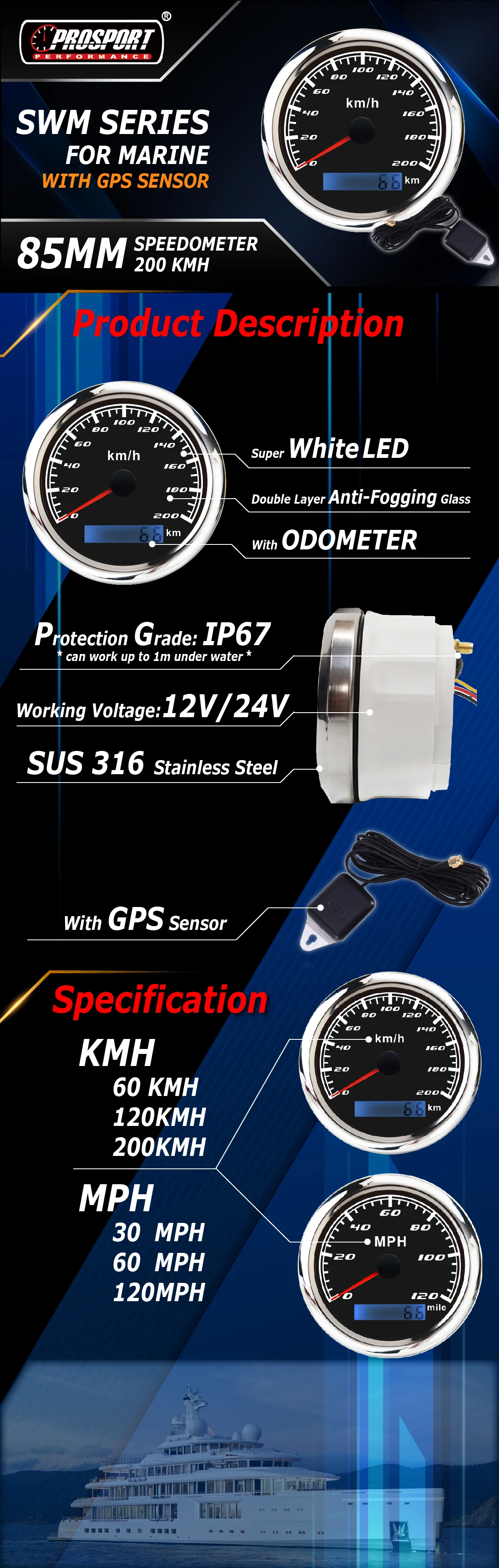 85mm Speedometer Kmh Gps Black Face Waterproof For Marine Boat Yacht ...