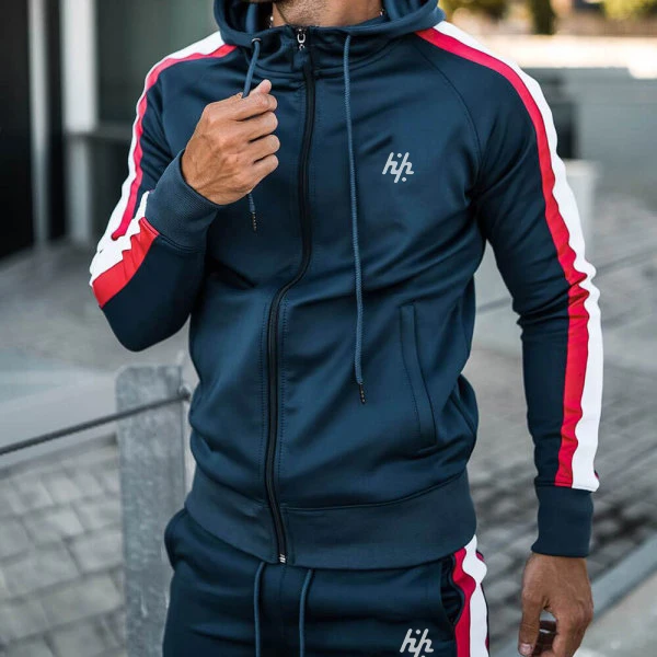 Men's Red Stripe Hooded Tracksuit Customizable Fitness Bodybuilding ...