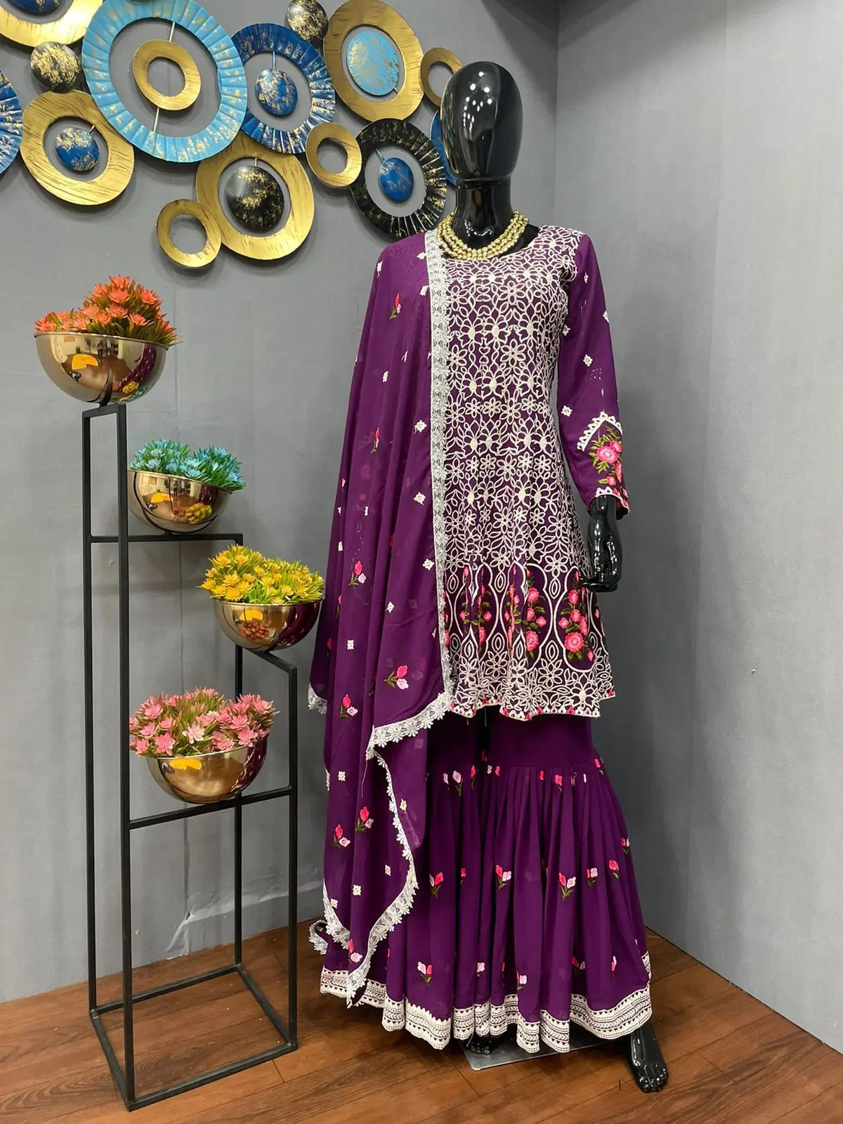 Women Designes Sharara Pant Set With Embroidery Work Kurta Top And ...