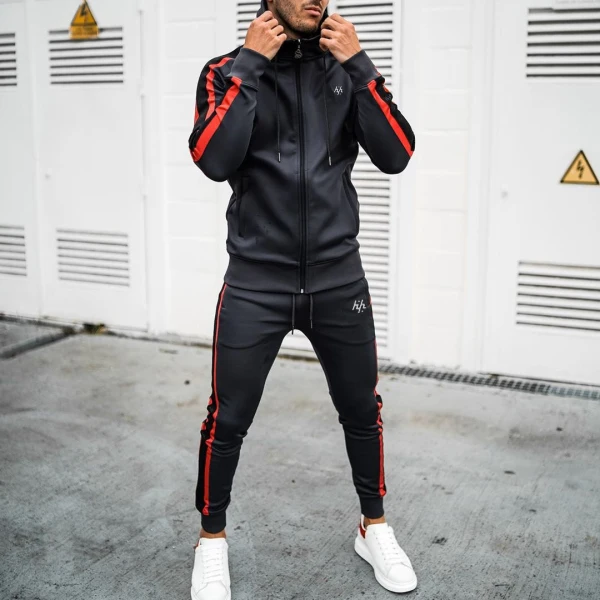 Men's Red Stripe Hooded Tracksuit Customizable Fitness Bodybuilding ...