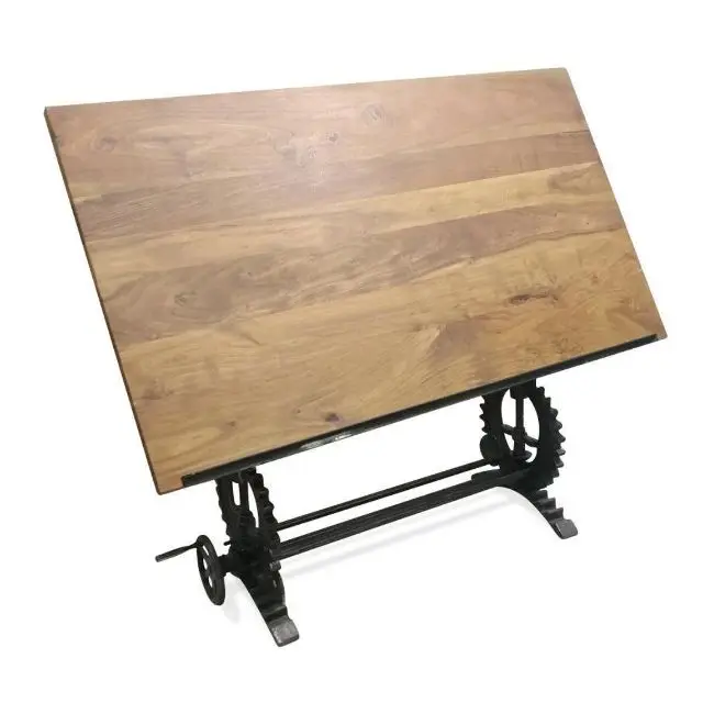 Industrial Drafting Desk Teak Solid Wood Top Cast Iron Adjustable ...
