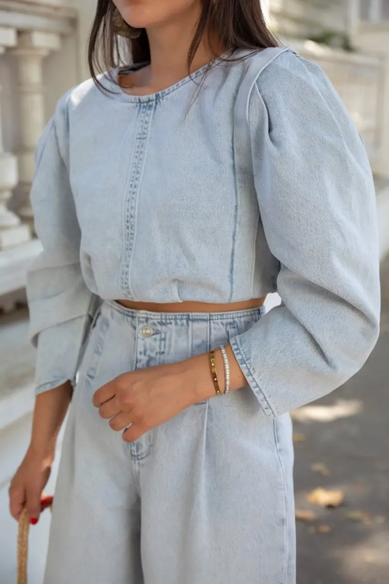 High Quality Stylish Blue Denim Puff Sleeve Voluminous Crop Top Blue ...