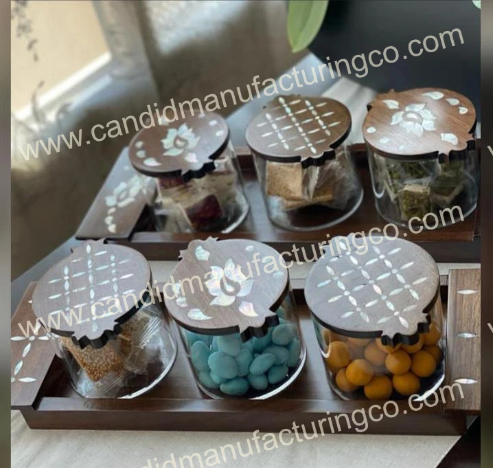 Acrylic Box for Dry Items Toffee Wooded & Mother of Pearl Round Serving ...