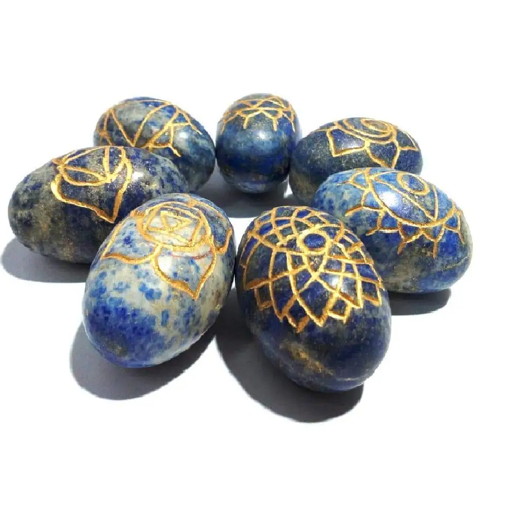 Lapis Lazuli Shiva Lingam Reiki Chakra Set,7 Piece Gold Engraved Chakra ...